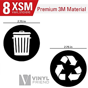Recycle and Trash Logo Stickers 8 Pack - 2.5in Circle - for Metal or Plastic Garbage cans, and Bins - Indoor & Outdoor - Laminated and UV Protected Premium Decal (Black, XSmall)