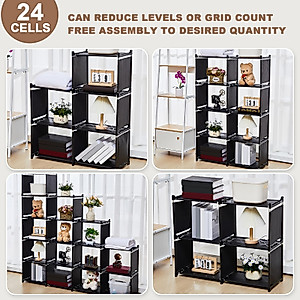 Suzile 24 Large Extra Cube Storage Organizer 6 Tiers Bookshelf Organizer Black Cube Storage Shelf DIY Bookcase Tall Book Shelves for Living Room Study Room Bedroom Office