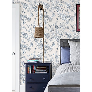 Froluya Vintage Floral Wallpaper Peel and Stick Wallpaper 118"x17.7" Removable Boho Peel and Stick Wallpaper Self Adhesive Wall Paper for Bedroom Cabinets Shelf Liner Vinyl Roll,Cream White and Blue