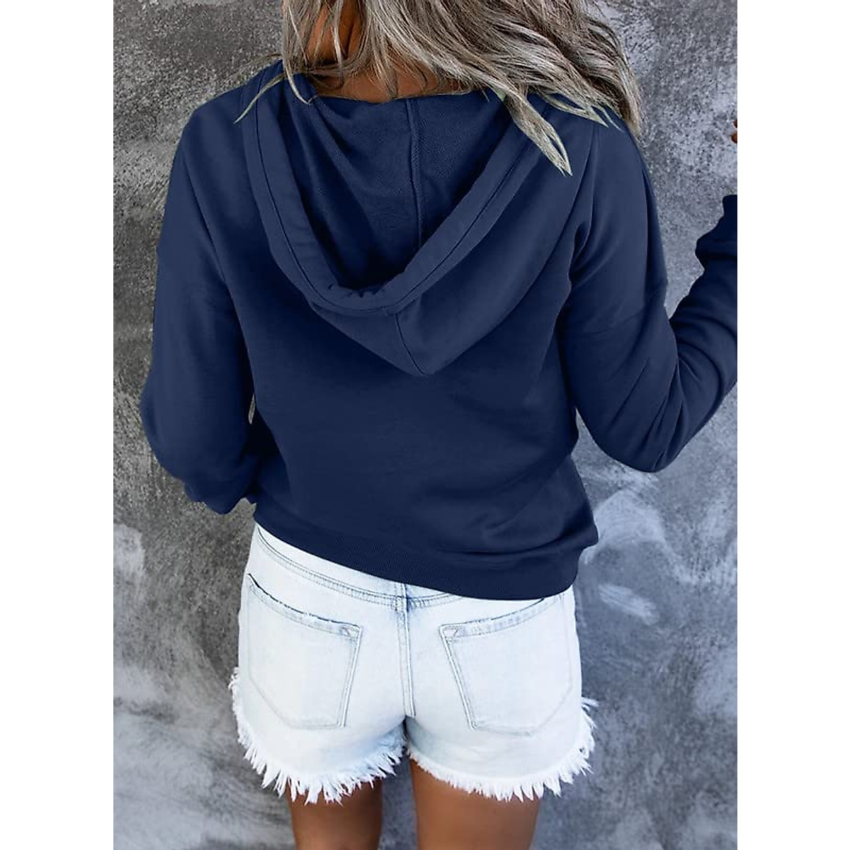 Dokotoo Womens Sweatshirt Ladies Fall Tops Drawstring Hoodies Sweatshirts for Women Long Sleeve Hooded Pullover with Pockets Button Collar Fleece Casual Basic Simple Winter Shirts Tops Blue XL