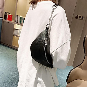 BigBigMe Fanny Pack for Women, Fashion Leather Waist Bag Belt Bag with Adjustable Strap Crossbody bag Chest Bag Phone Purse with Metalic Chain, Gifts for Women, Black