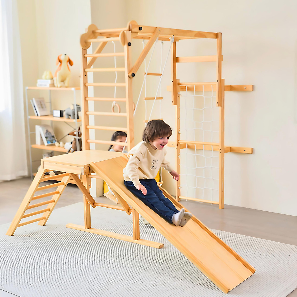 Avenlur Grove 8-in-1 Indoor Jungle Gym with Gymnastic Rings, Climbing Rope, Swing, Slide, Monkey Bars, Rope Wall Net, and Wooden and Rope Ladder - Jungle Play Set for Kids Ages 2-11 Years Old