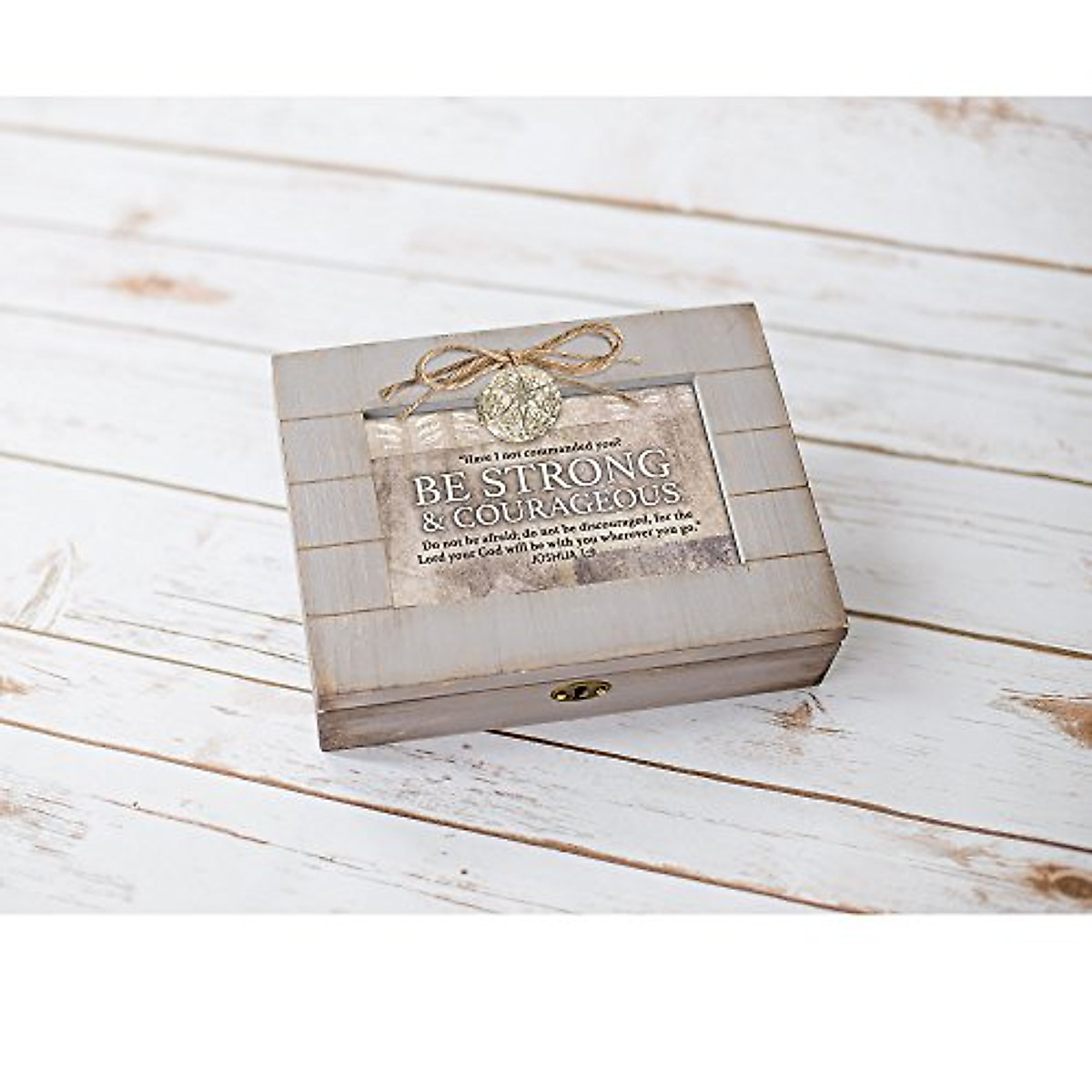 Cottage Garden Be Strong and Courageous Grey Distressed Locket Music Box Plays Amazing Grace