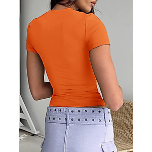 Abardsion Women's Casual Basic Going Out Crop Tops Slim Fit Short Sleeve Crew Neck Tight T Shirts (Orange, S)