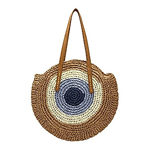 JBR Large Round Straw Bag Woven Shoulder Bag Tote Crossbody Bags Women Handwoven Handbags (Blue Eyes)