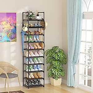 Kottwca 10 Tier Tall Shoe Rack Organizer for Closet Entryway, 20-24 Pair Shoe Boot Storage Rack, Narrow Metal Shoe Shelf Small Vertical Stackable Shoe Stand for Bedroom Corner with 2 Hooks PP Gaskets