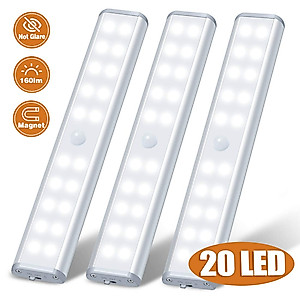 PRIORARE Under Cabinet Lighting Battery Operated Motion Sensor Closet Lights, Wireless Under Counter Lights with 20 LEDs for Kitchen/Cupboard/Stair/Drawer/Refrigerator (3 Packs)…