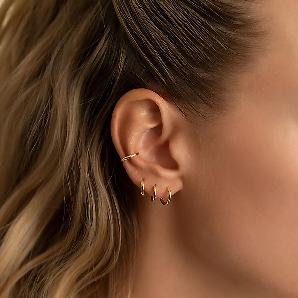 Gokeey Gold Hoop Earrings Set: 14k Gold Plated Lightweight Hoops - Huggie, Cartilage (6mm-12mm)