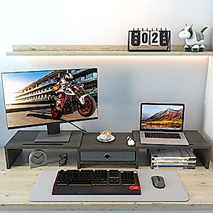 WESTREE Dual Monitor Stand Riser with Drawer, 3 Shelf Computer Monitor Riser with Adjustable Length and Angle, Desktop Monitor Stand Riser Storage Organizer for 2 Monitors
