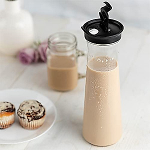 Clear Plastic Water Pitchers Carafes with Flip top Black Lids 34 OZ Heavy Duty Beverage Pitcher Jug for Juice or iced Coffee Great for Mimosa bar Restuarants ot Schools Pack of 2