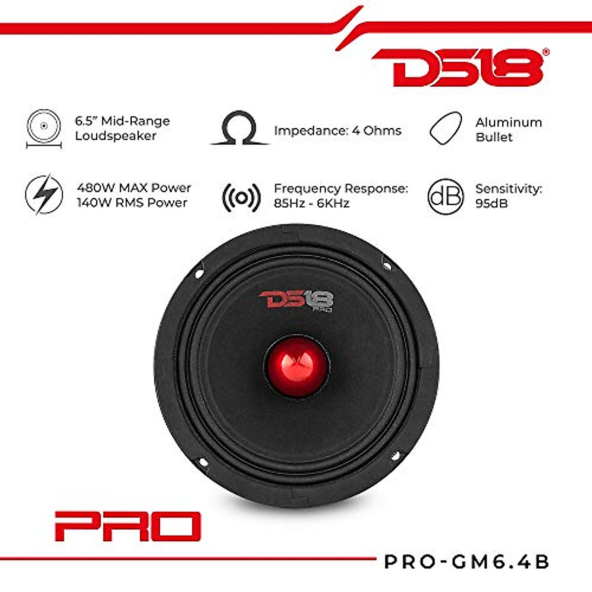 DS18 PRO-GM6.4B Loudspeaker - 6.5", Midrange, Red Aluminum Bullet, 480W Max, 4 Ohms,1.5" Kapton VC Premium Quality Audio Door Speakers for Car or Truck Stereo Sound System (1 Speaker)
