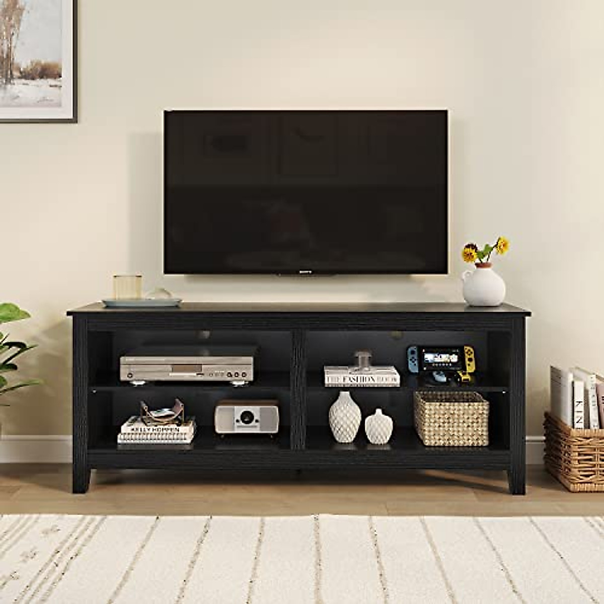 Panana TV Stand, 4 Cubby TV Stand for 65 inch TV, Farmhouse Television Stands Entertainment Center Media TV Table Stand for Living Room Bedroom (Black 59 inch)
