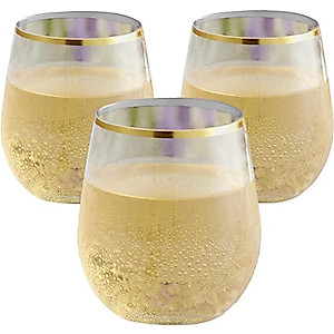 Oojami 36 piece Disposable Stemless Platic Wine Tumbler Cups Unbreakable Crystal Clear Gold Rim Plastic Wine Glasses elegant Drinkware for Wedding, Birthday, Indoor outdoor Pool 12 Ounce