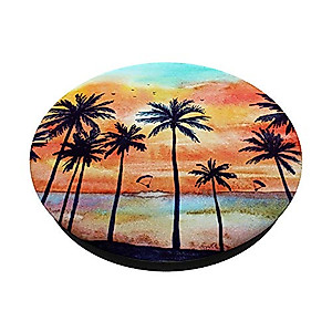 Sunset Beach Watercolor Scene Tropical Palm Trees