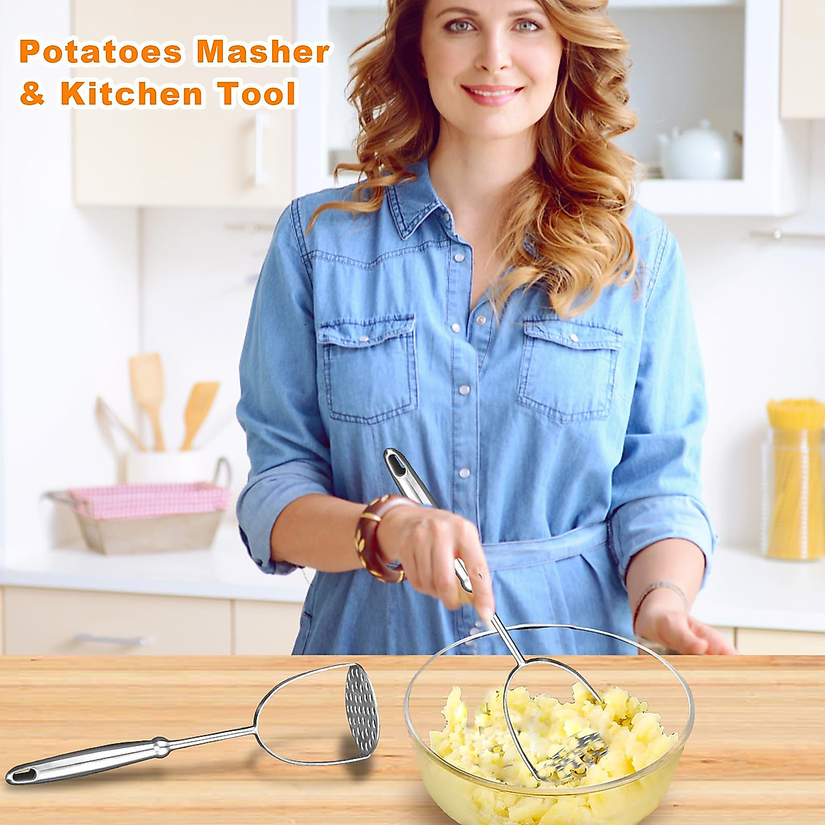 Potato Masher,Stainless Steel Mashed Potatoes Masher with Long Handle for Beans,Avocado,Fruit,Vegetables.One Piece Construction Heavy Duty Masher Kitchen Tool