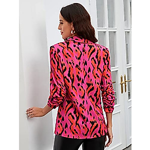 Verdusa Women's Leopard Print Ruched 3/4 Sleeve Shawl Collar Blazer Jacket Hot Pink L
