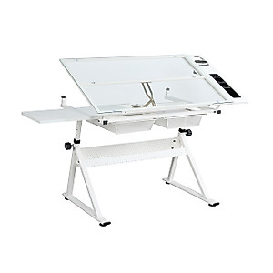 Tzou Drafting Printing Table with Chair 0-75° 31.5"-49.5" Adjustable Height Tempered Glass Drawing Table for Office School Artists Architects White