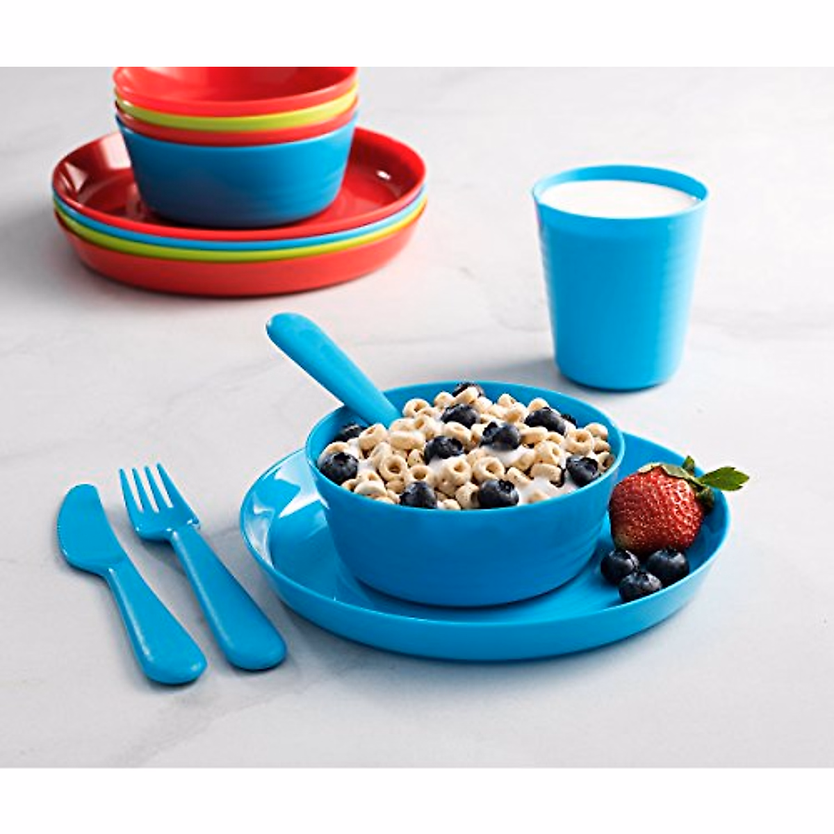 PLASKIDY Kids Plastic Dinnerware Set - 36 Pc Reusable Children's Dinner Set Microwave/Dishwasher Safe BPA Free Toddler Dishes Dinnerware Set Includes Kids Plates and Bowls Kids Cups & Flatware.