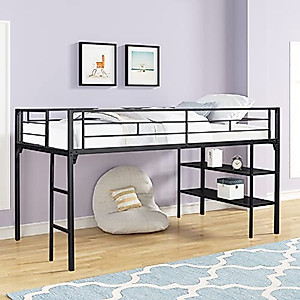Anwickmak Metal Twin Low Loft Bed with Storage Shelves and Ladder, Bunk Floating Bed for Kids,Space Saving,No Box Spring Needed, Easy Assembly(Black)