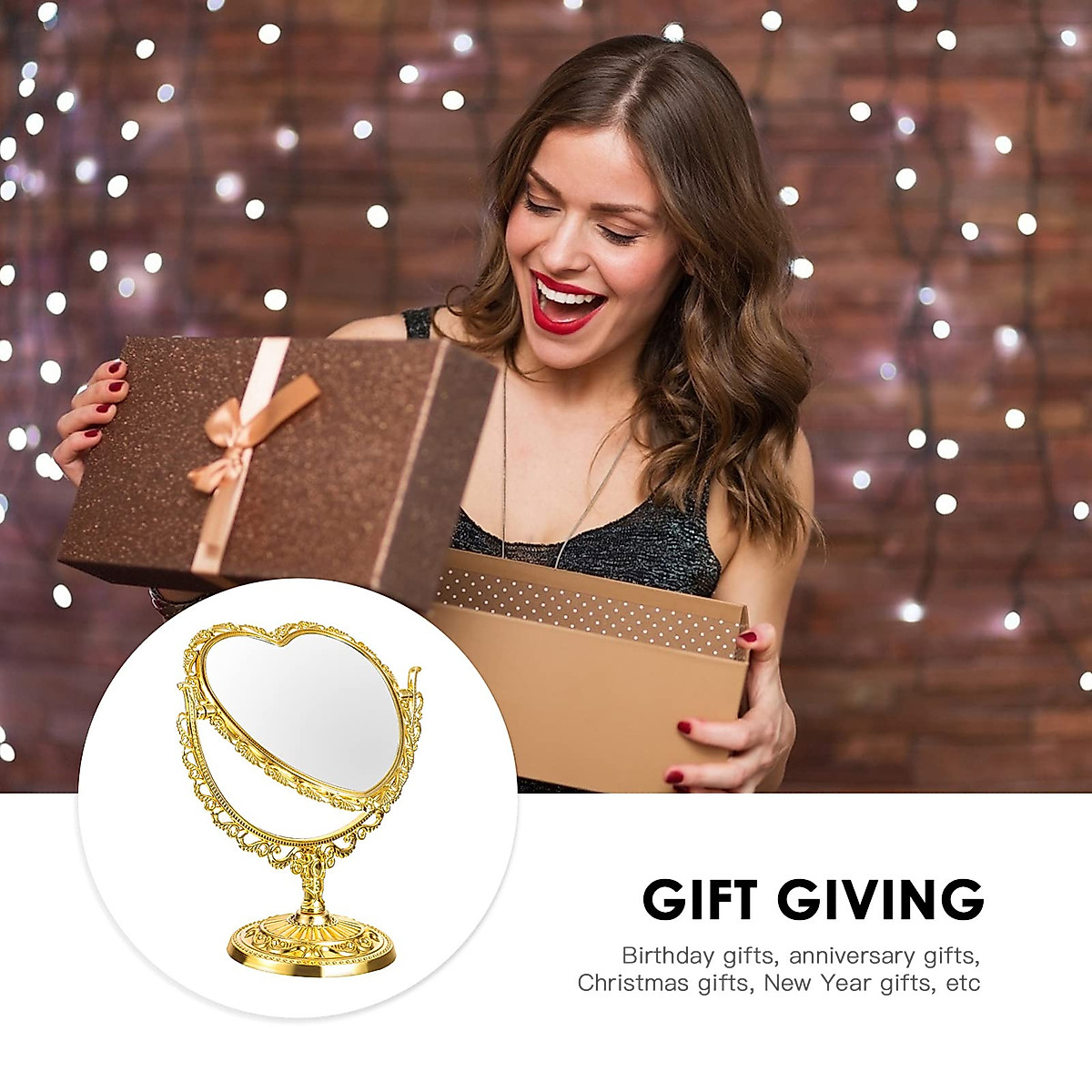 Luxshiny Vanity Mirror Heart Shaped, Double Standing Mirror Heart Shaped Mirror for Home Kitchen Table (Golden)