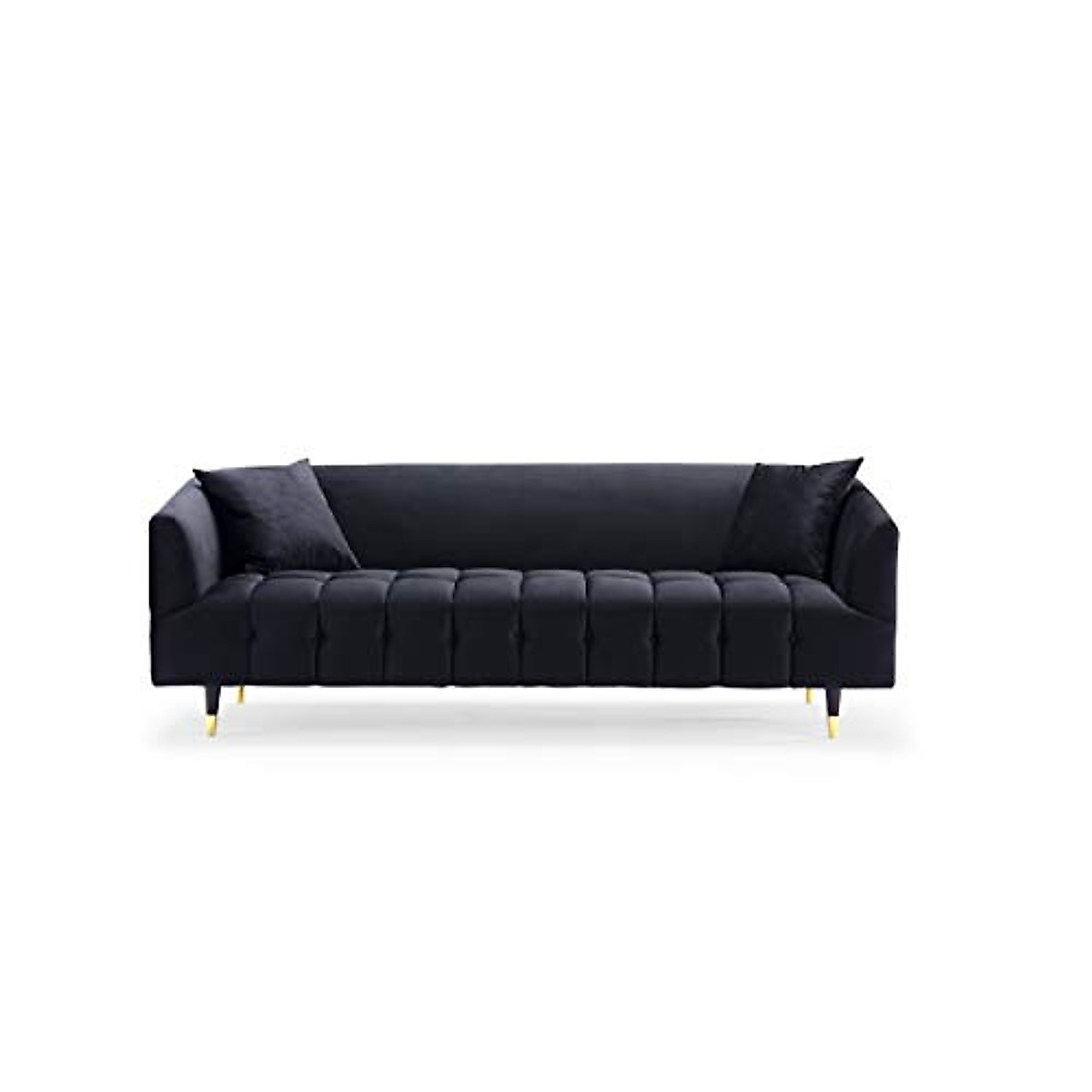 Iconic Home Julia Sofa Velvet Upholstered Channel-Quilted Button Tufted Cushion Shelter Arm Design Espresso Finish Gold Tip Wood Legs Modern Contemporary, Black