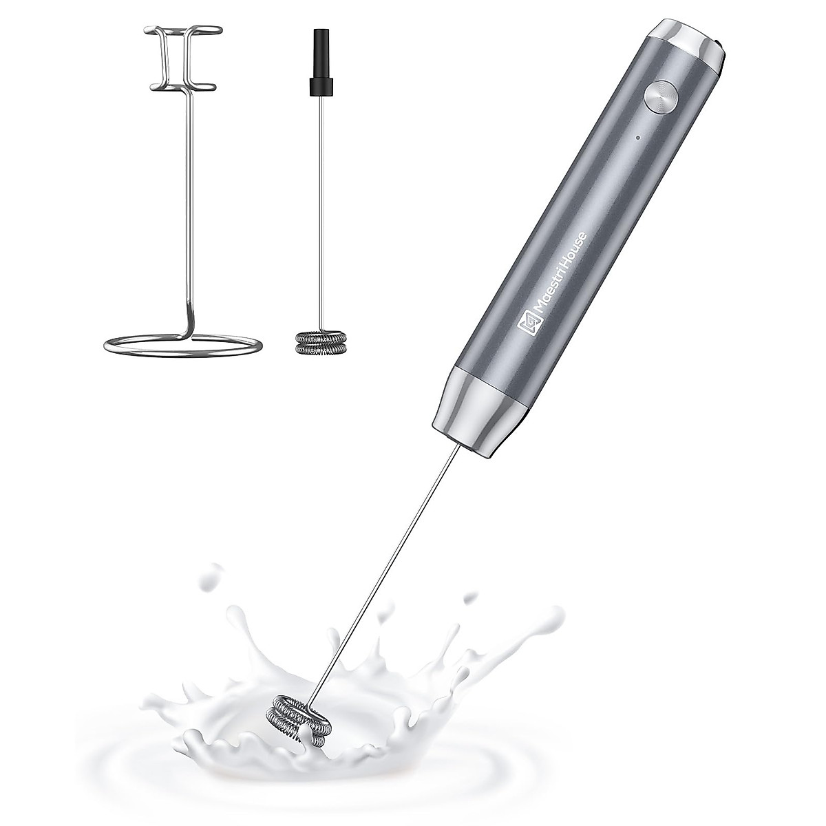 Maestri House Rechargeable Milk Frother with Stand, Handheld Electric Foam Maker Waterproof Detachable Stainless Steel Whisk Drink Mixer Foamer for Lattes, Cappuccino