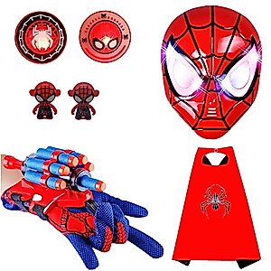 Super Hero Toys and LED Masks, Children's Superhero Clothing, Web-Shooters and Superhero Spider Badge, Suitable for Birthday Gifts, Role -Playing, Christmas