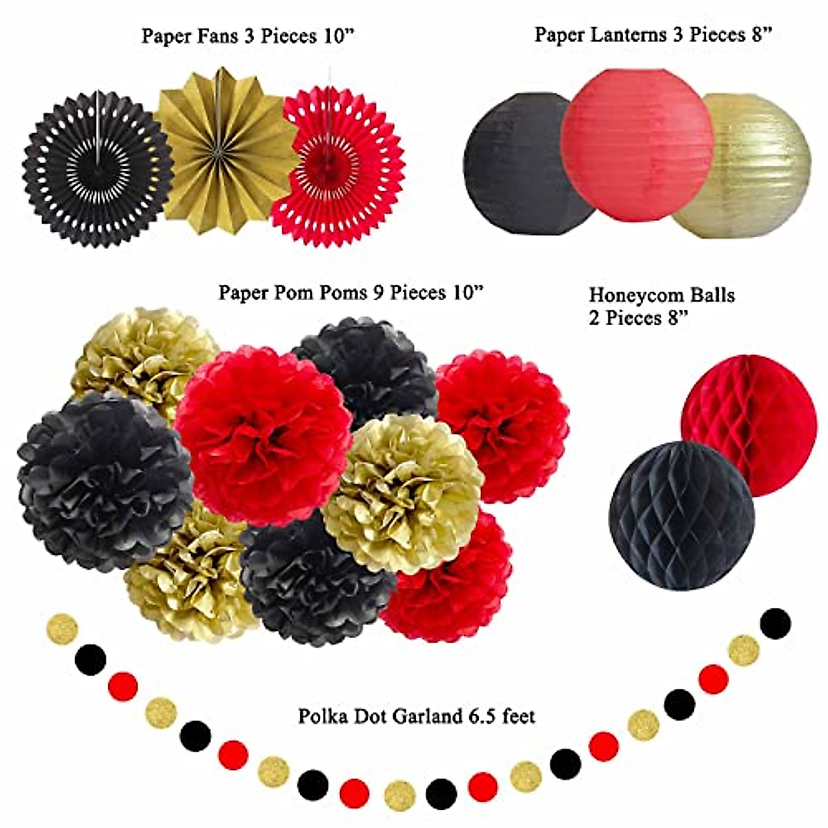 ANSOMO Black Red and Gold Party Decorations Paper Fans Lanterns Tissue Pom Poms Wall Hanging Decor Supplies Bridal Baby Shower Birthday Wedding Graduation