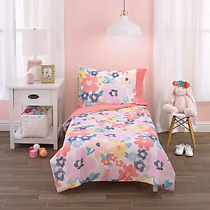 CARTERS Pink, Orange and Mint Floral 4 Piece Toddler Bed Set - Comforter, Fitted Bottom Sheet, Flat Top Sheet and Reversible Standard Pillowcase