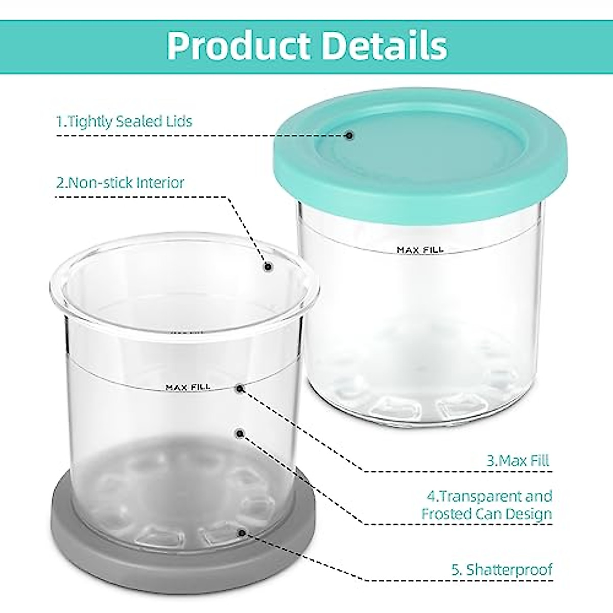 HOTUT Ninja Creami Containers,4 Pack Replacement Pints and Lids+4 Scoops Dishwasher Safe Compatible with NC301,NC300,NC299AMZ,CN305A and CN301CO Series Ninja Ice Cream Makers (Not Fit for NC501)