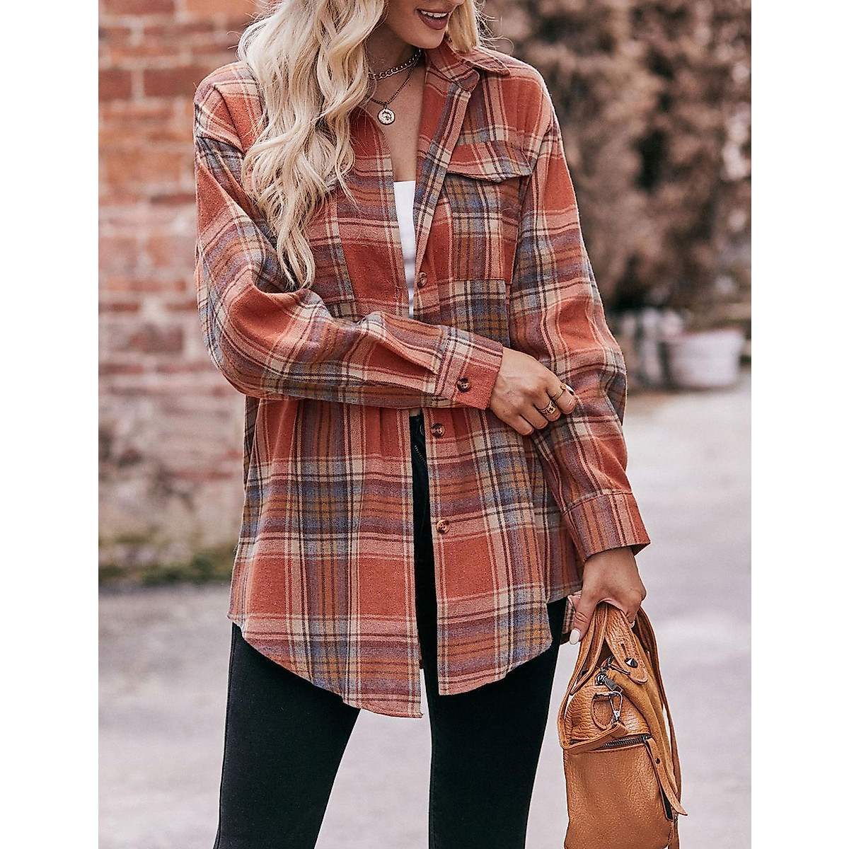 Korebow Women's Lightweight Flannel Plaid Button Down Shirts Oversized Long Sleeve Shacket Jacket Tops(0200-Orange-XL)