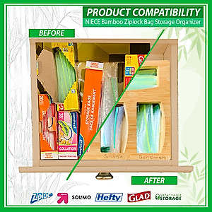NIECE Bamboo Ziplock Bag Storage Organizer & Dispenser Food Storage Bag Holder Designed to Fit Most Kitchen Drawers in the USA Compatible With Gallon, Quart, Sandwich & Snack of Any Ziplock bag Size (One Set)
