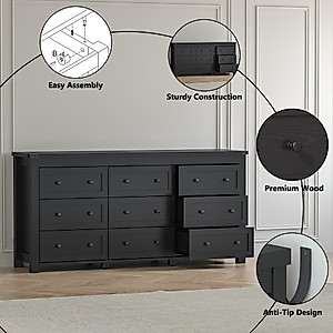 BORNOON 9-Drawer Dresser for Bedroom, Modern Wide Chest of Drawers, Wooden Storage Organizer for Closet, Living Room, Entryway, Home Office, Black Dresser with Ample Storage (Black)