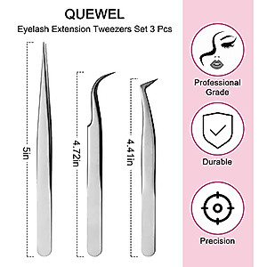 Quewel Eyelash Extension Tweezers Set Eyelash Applicator Tool Curved and Straight pointed Tweezers Lash Extension Supplies Stainless Steel Precision Tweezers Silver (Matte,3 pcs)