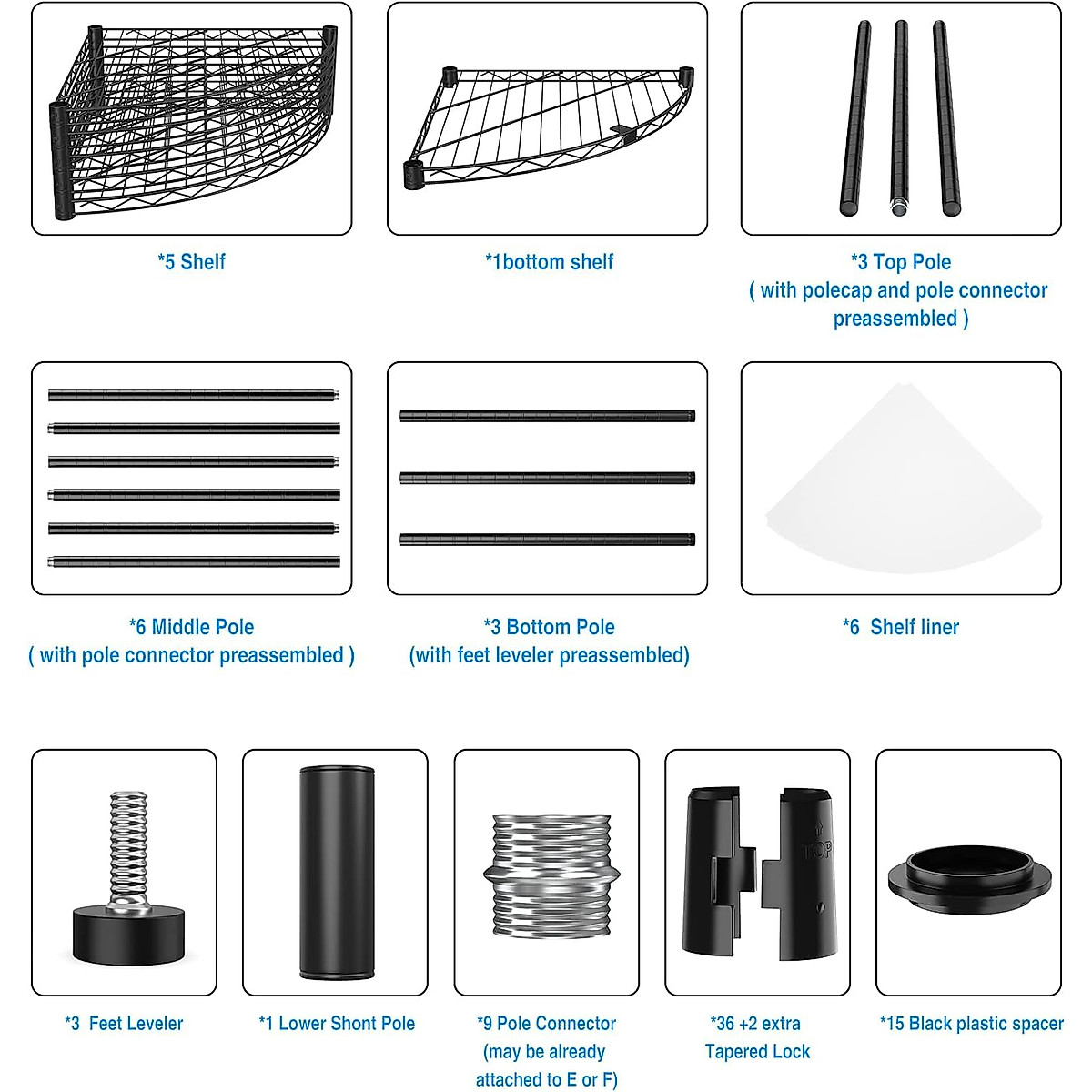 Corner Shelf Wire Shelving Unit, 6 Tier NSF Metal 420lbs Capacity Heavy Duty Adjustable Storage Rack with Shelf Liners for Closet Kitchen Bathroom Garage Basement, 72" H x 18" L x 18" D - Black