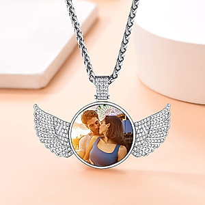 Custom4U Personalized Angel Wings Pendant Neckalce with Picture Inside Custom Photo Necklace Memorial Photo Medallion Chain Hip Hop Jewelry for Men