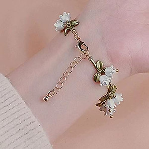 Cualque Lily of the Valley Bracelet Green Paint Valley Lily Leaves Jewelry Freshwater Pearl Vintage Bracelet for Women Bride