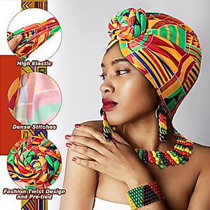 Yinkin Women&#039;s 5 Pcs African Jewelry Set: 1pcs Kente Print Headwrap, 1pair Earrings, 2pcs Beaded Bracelets (Stretch), 1pcs Necklace (Rustic, Multicolor)