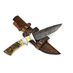 Nooraki HK-81 Handmade Damascus Hunting Knife Ram Horn Handle With Leather Sheath Full Tang Fire & Raindrop Pattern