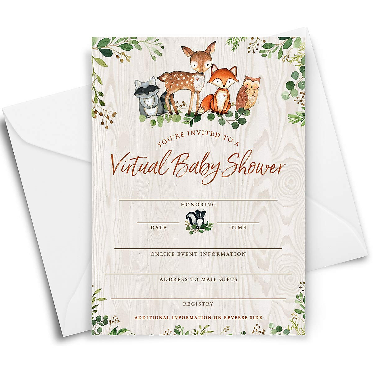 Printed Party Virtual Baby Shower by Mail, Woodland Forest Animals, Set of 5 Double-Sided Invitations, Games, Activities and Thank You Cards