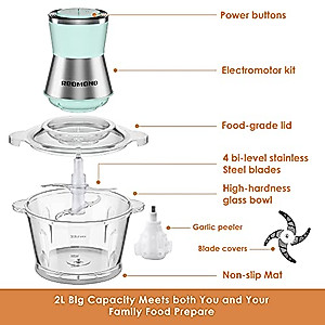 Electric Food Processor, REDMOND 8-cup Food Chopper with Garlic Peeler for Meat, Onion, Vegetable, 2L High Capacity Glass Bowl with 2 Speed, 350W Motor and 4-S Shape Stainless Steel Blades, Green