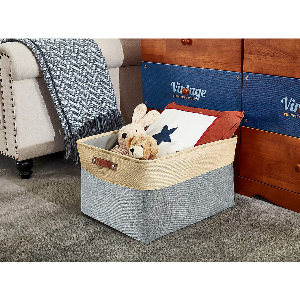 DECOMOMO Storage Baskets | Large Storage Bins Fabric Baskets for Organizing Laundry Nursery Toys Cloth Linen Closet Organizers with Handles (Grey and Beige, XXXXL - 3 Pack)