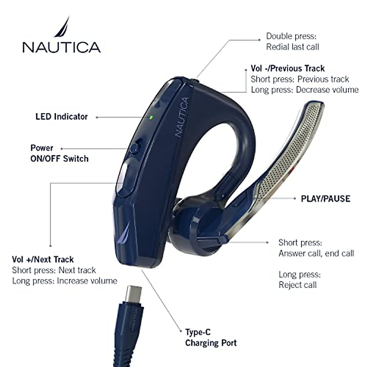 Nautica T80 Single Ear Bluetooth Headset, Office Bluetooth Headset, Wireless Earpiece for Cell Phone, Hands-Free Earphone with Microphone to Call On-The-Go, Compatible with iPhone & Android Phones