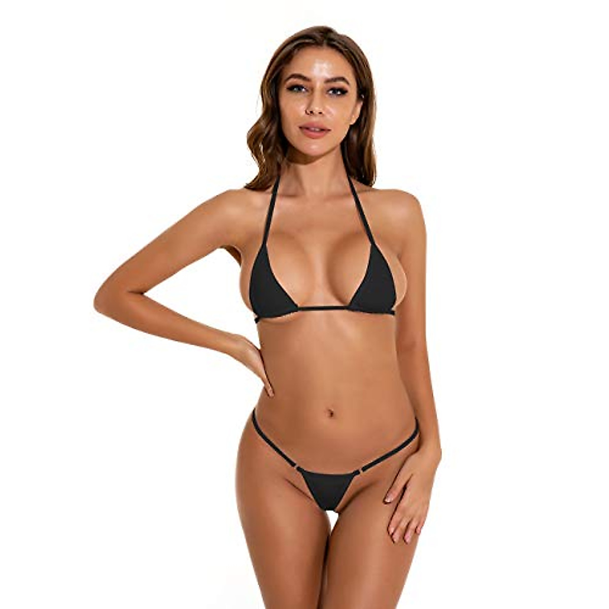 Oneheekini Women Sexy Halterneck Mini Micro Bra Charming Bikini G String Bottom Set Black