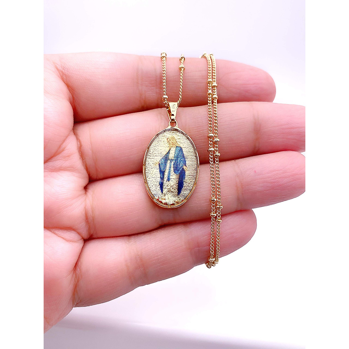 LESLIE BOULES Virgen La Milagrosa Pendant Necklace 18K Gold Plated Chain 18 Inches Length