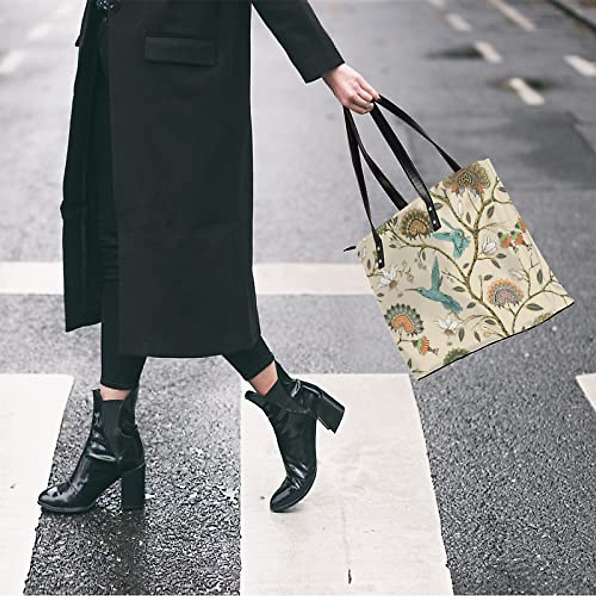 Ethnic Flower Shoulder Tote Bag for Women Girls, Leather Handle Bag Durable Hummingbird Latop Tote Bag With Zipper Pocketfor School Work Travel