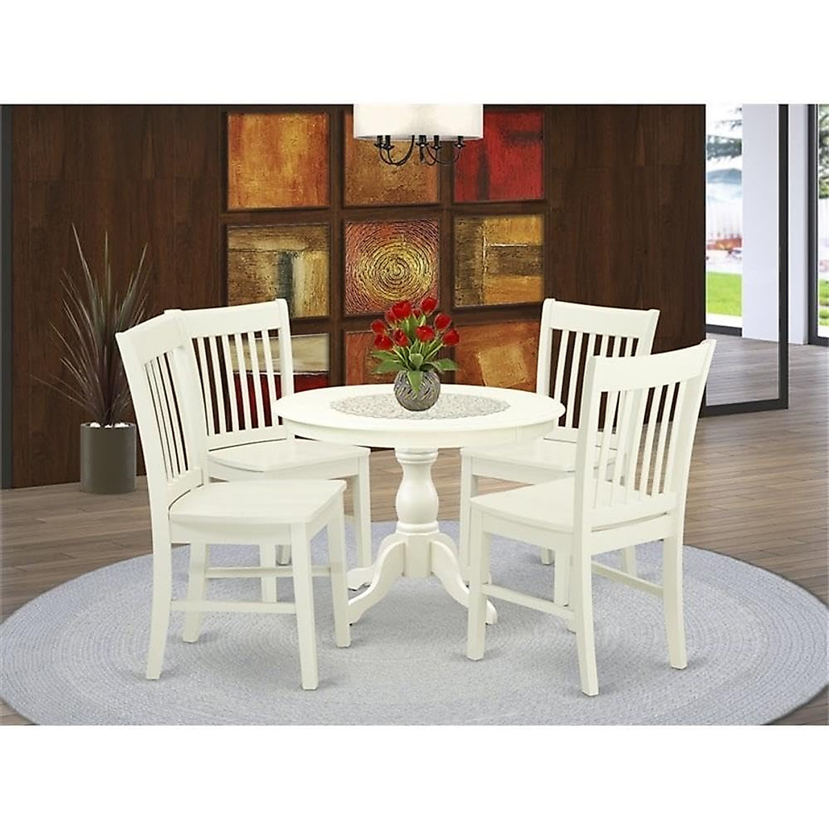 East West Furniture HBNF5-LWH-W 5 Piece Modern Dining Table Set Includes a Round Wooden Table with Pedestal and 4 Dining Room Chairs, 42x42 Inch, Linen White