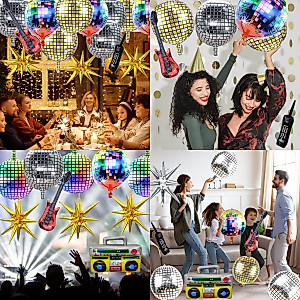 80s 90s Party Decorations, 15Pcs Disco Ball Balloons Gold Explosion Star Foil Balloons Inflatable Boom Box Guitar Mobile Phone Balloons for 80s 90s Hip Hop Theme Birthday Party Decor Supplies