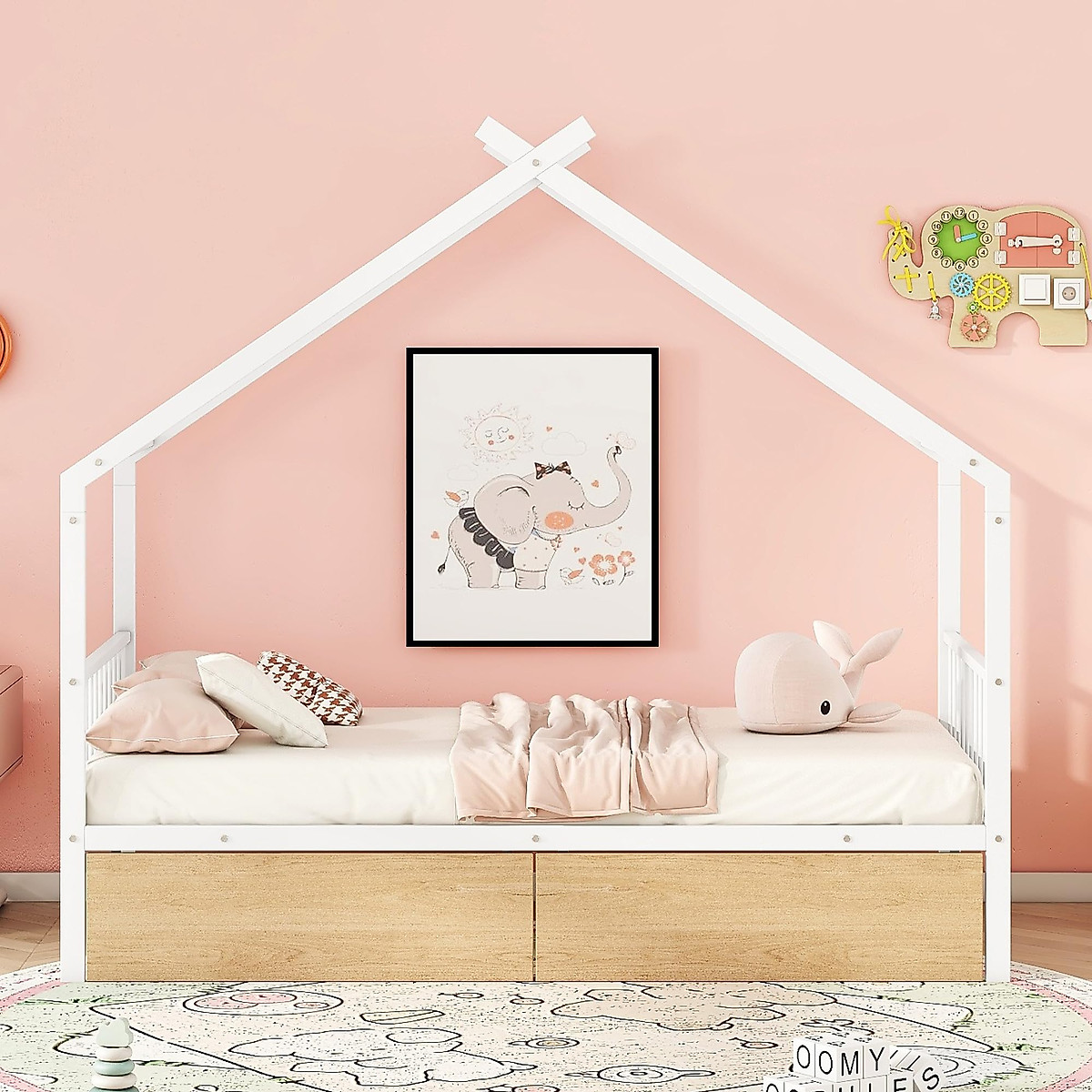 Metal House Bed for Kids, Twin Size Bed Frame with Storage Drawers and Slats, Kids Bed Frame with Headboard and Footboard, Twin Size House Bed for Kids, Girls, Boys(Twin White)