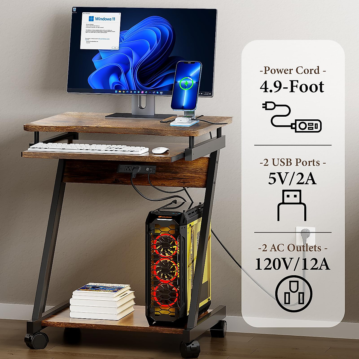 ZERDER Small Computer Desks with Power Outlet, Z-Shaped Home Office Desks for Small Space, Compact Study Desk with Keyboard Tray and Casters, Computer Workstation for Home and Office, Brown